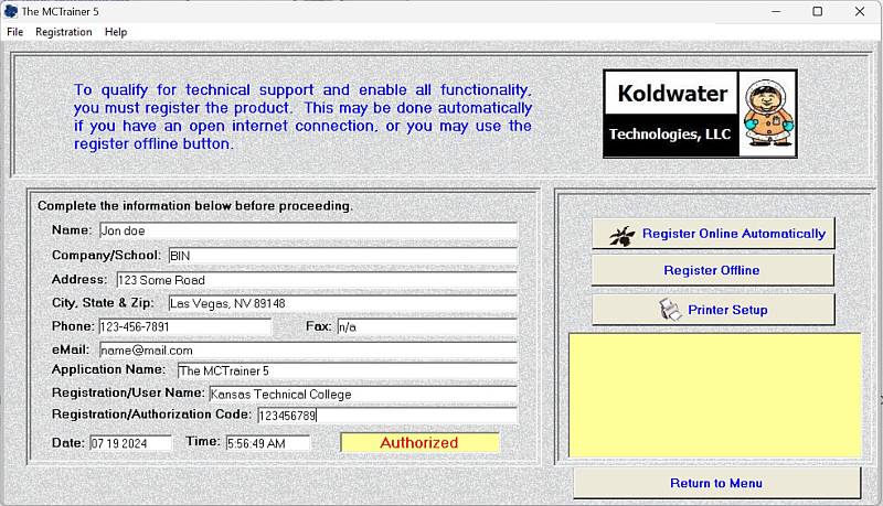 Koldwater Technical Training Software Reg Help